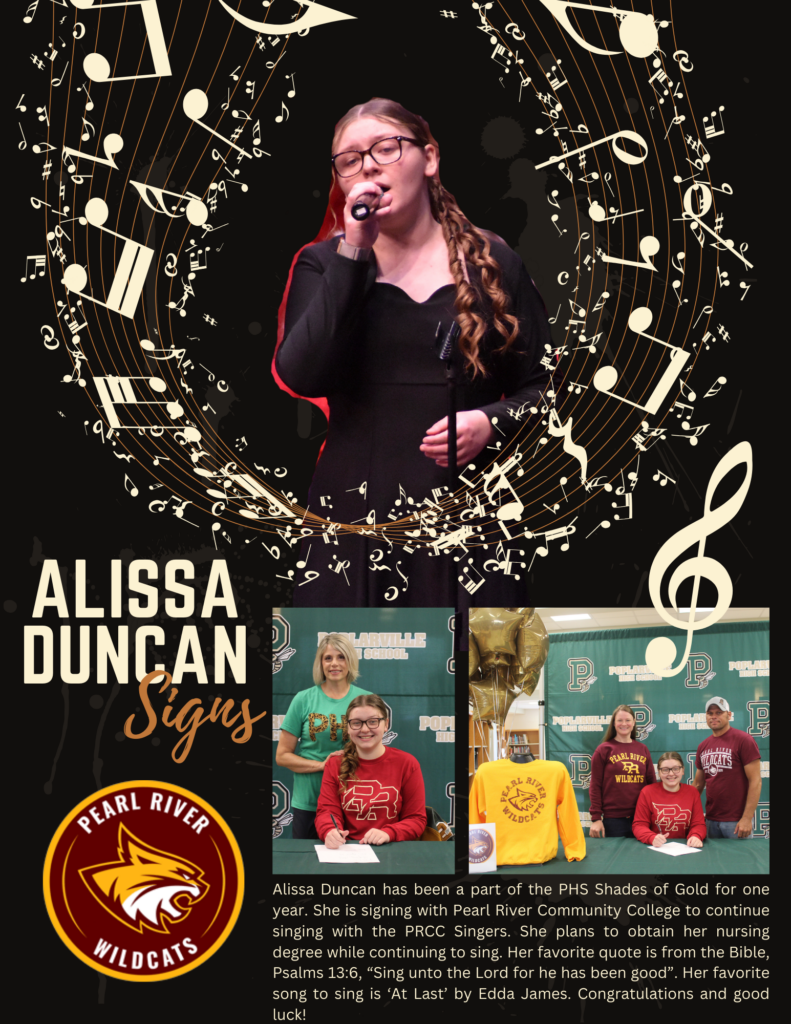Alissa Duncan signs with Pearl River Community College for singing. – Poplarville School District