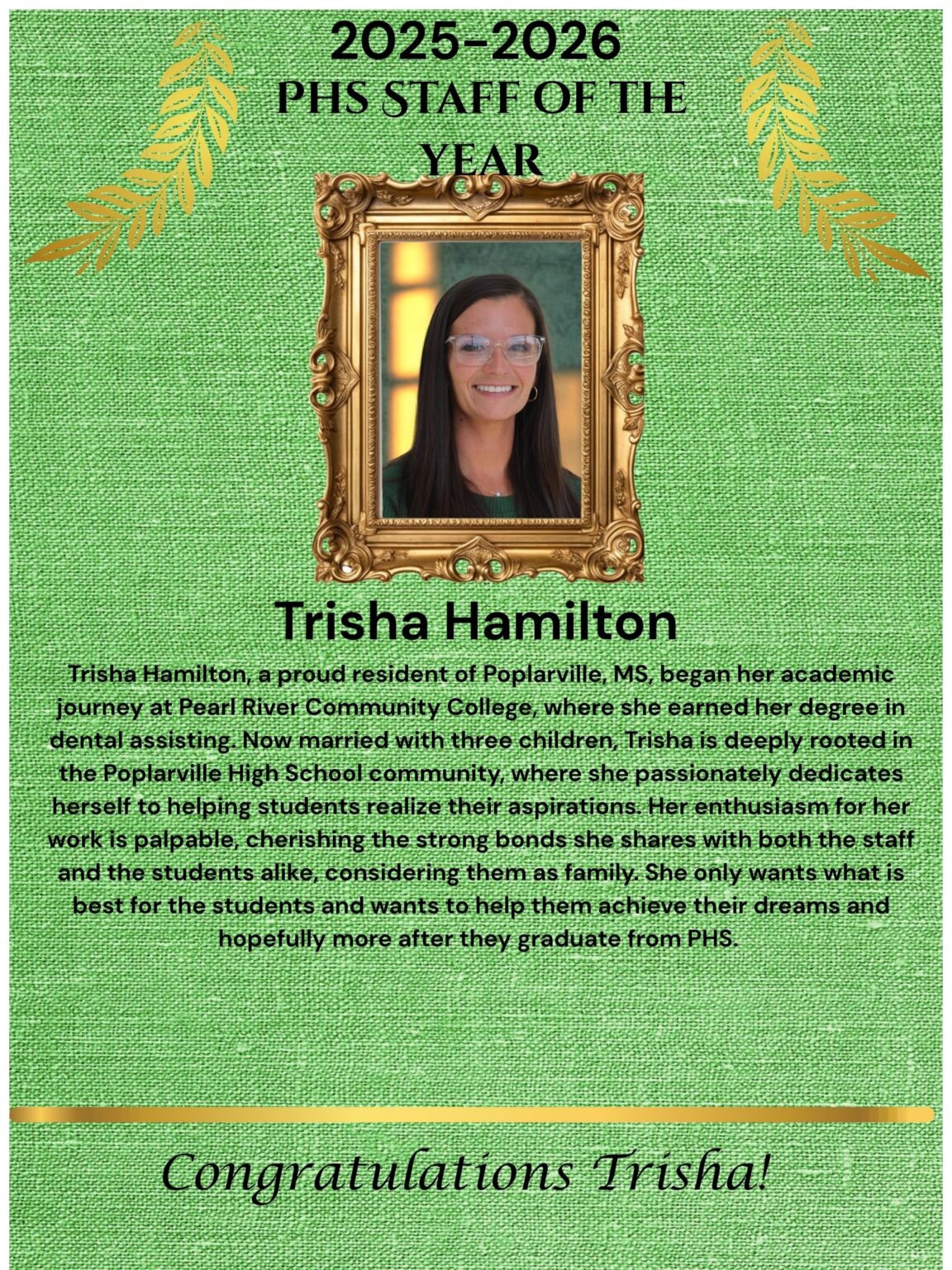 Trisha Hamilton-PHS Staff Of The Year – Poplarville School District