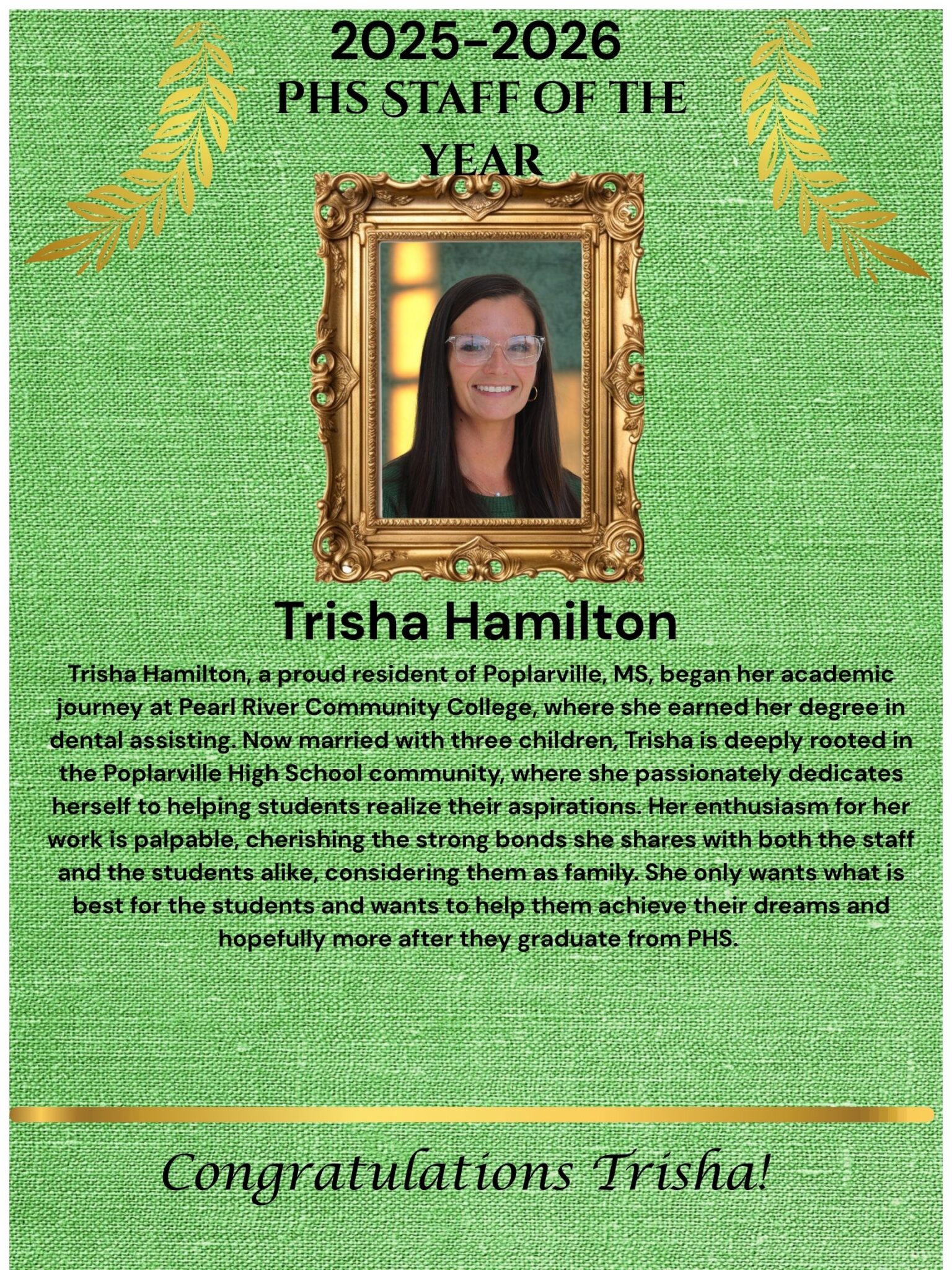 Trisha Hamilton-PHS Staff Of The Year – Poplarville School District